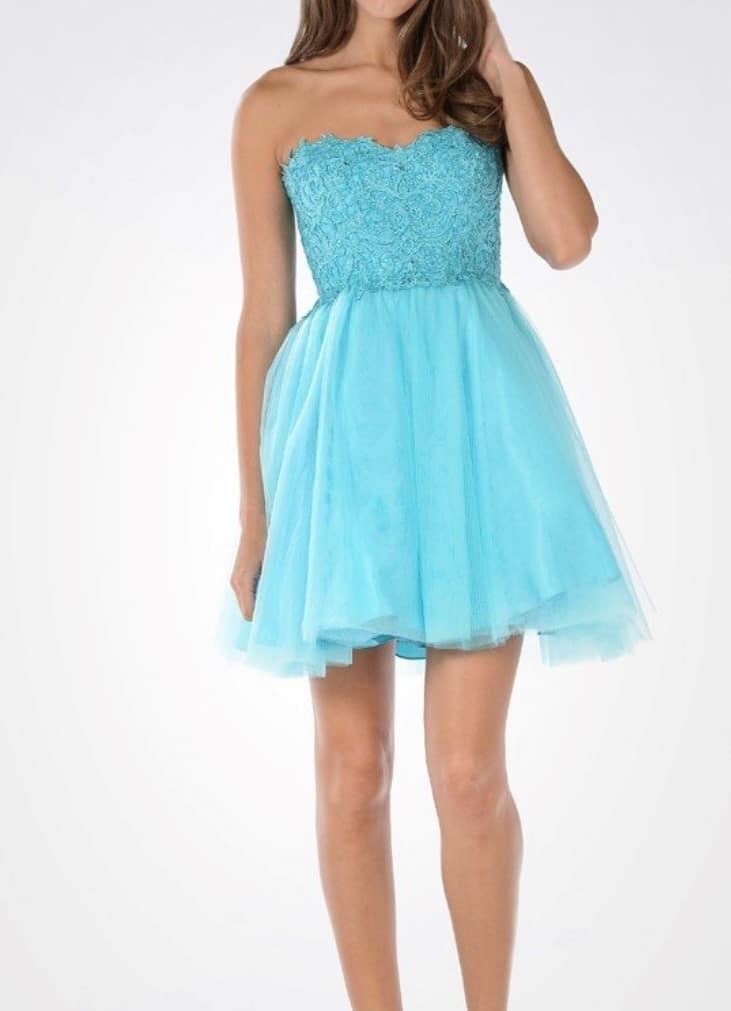 Aqua Strapless Lace & Tulle Short Prom Dress - Silhouette London